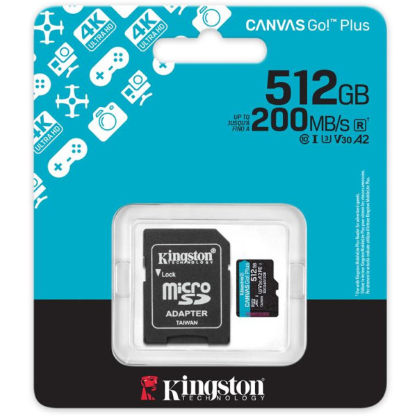 Карта памяти Kingston MicroSDXC 512GB Canvas Go! Plus G4 Class 10 UHS-I U3 V30 A2 + SD-adapter ...