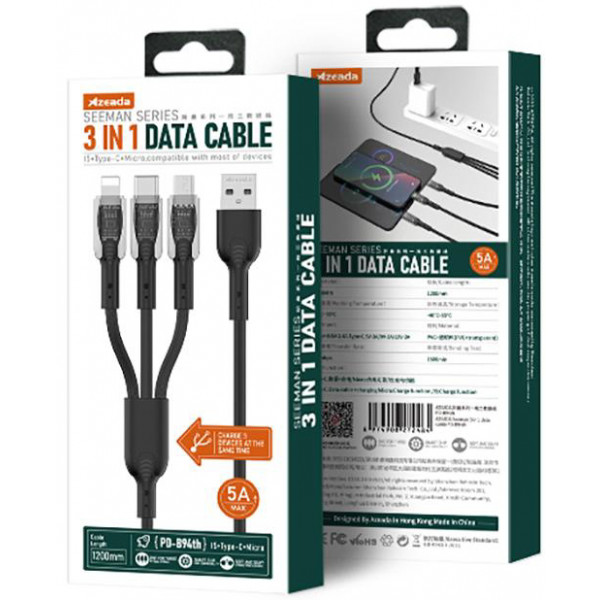 Кабель синхронізації даних Proda PD-B94th Lightning,Type-C,Micro USB 2,4-3А Black (PD-B94th-BK ...